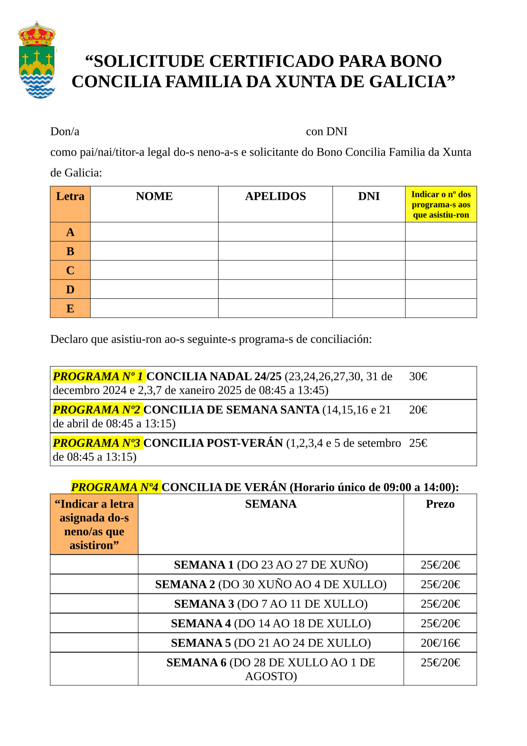 SOLICITUDE CERTIFICADO PARA BONO CONCILIA FAMILIA DA XUNTA DE GALICIA ...